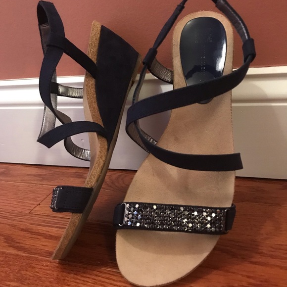 Shoes | Strappy Wedge Sandals With Navy Blue Crystals | Poshmark